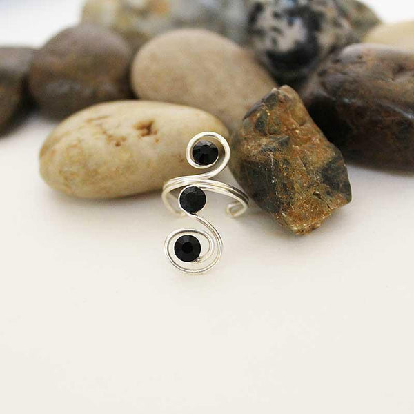 Silver Wire Wrapped Black Crystal Toe / Midi Ring - Gothic Grace Inc